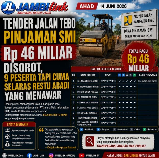 Tender Jalan Tebo Pinjaman SMI Rp 46 Miliar Disorot, 9 Peserta tapi ...